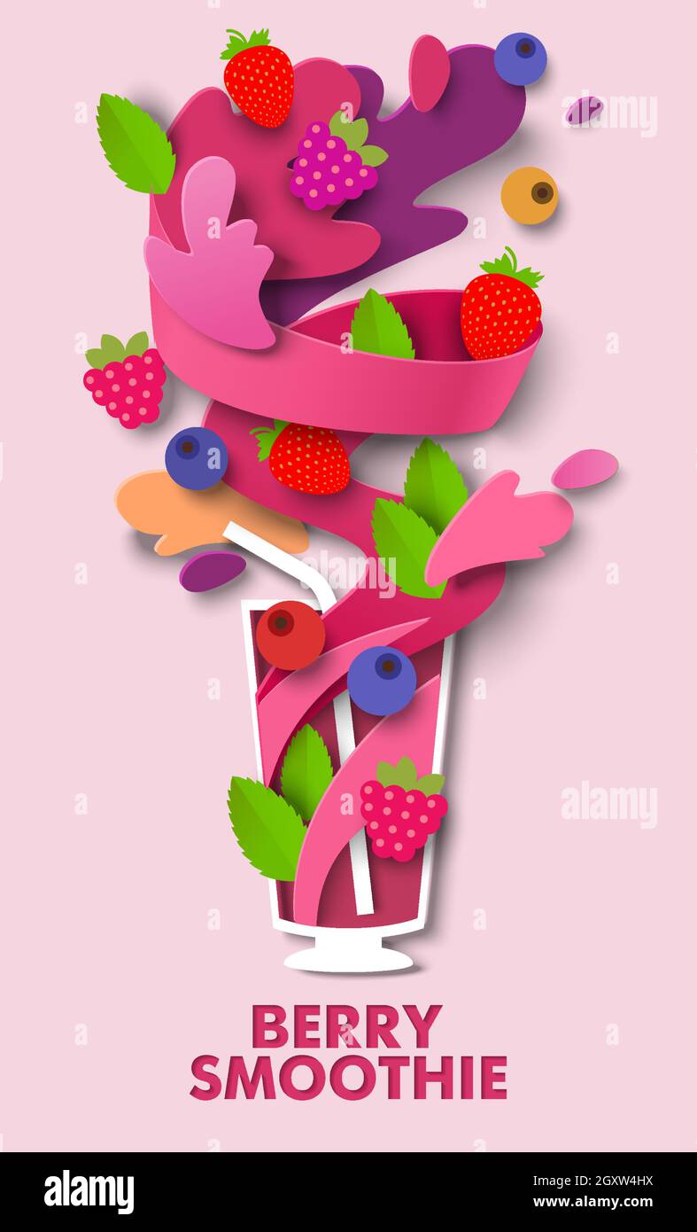 Glass of delicious mixed berry smoothie, vector paper cut illustration ...