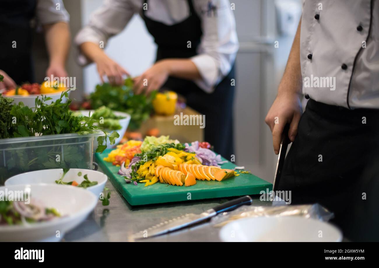 Professional team cooks and chefs preparing meals at busy hotel or ...