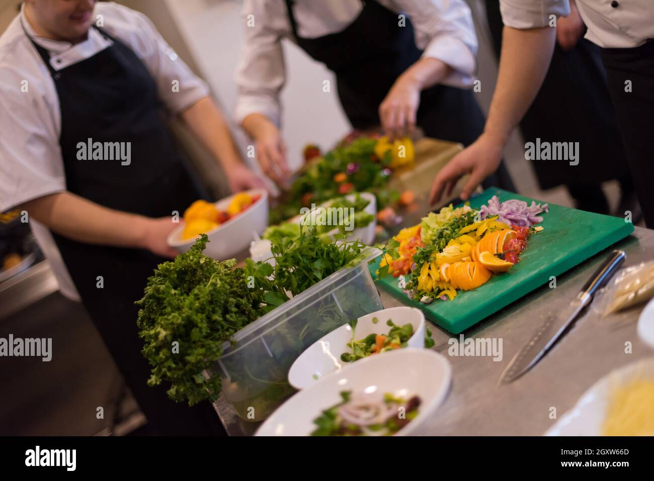 Professional team cooks and chefs preparing meal at busy hotel or ...