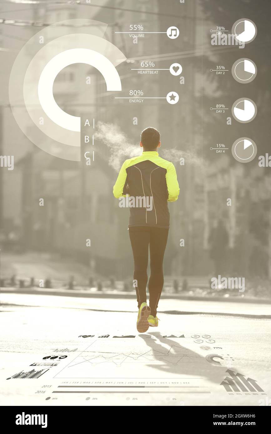 Man running down the street with statistics in background Stock Photo ...