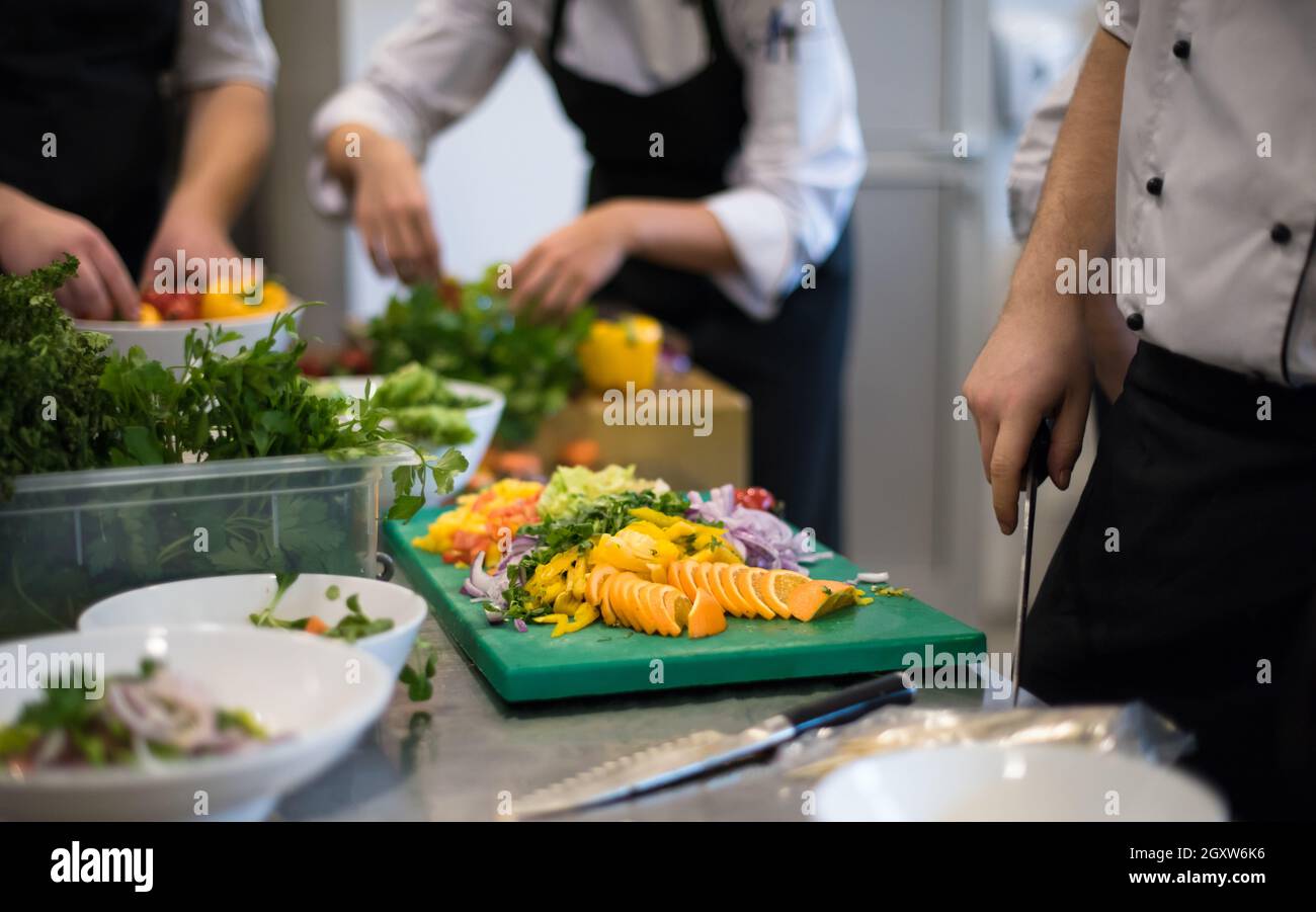 Professional team cooks and chefs preparing meals at busy hotel or ...