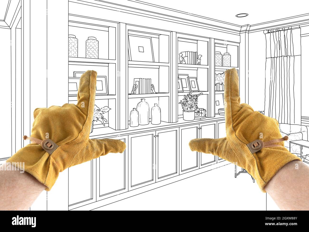 Male Contractor Hands Framing Over Built In Design Drawing Stock Photo ...