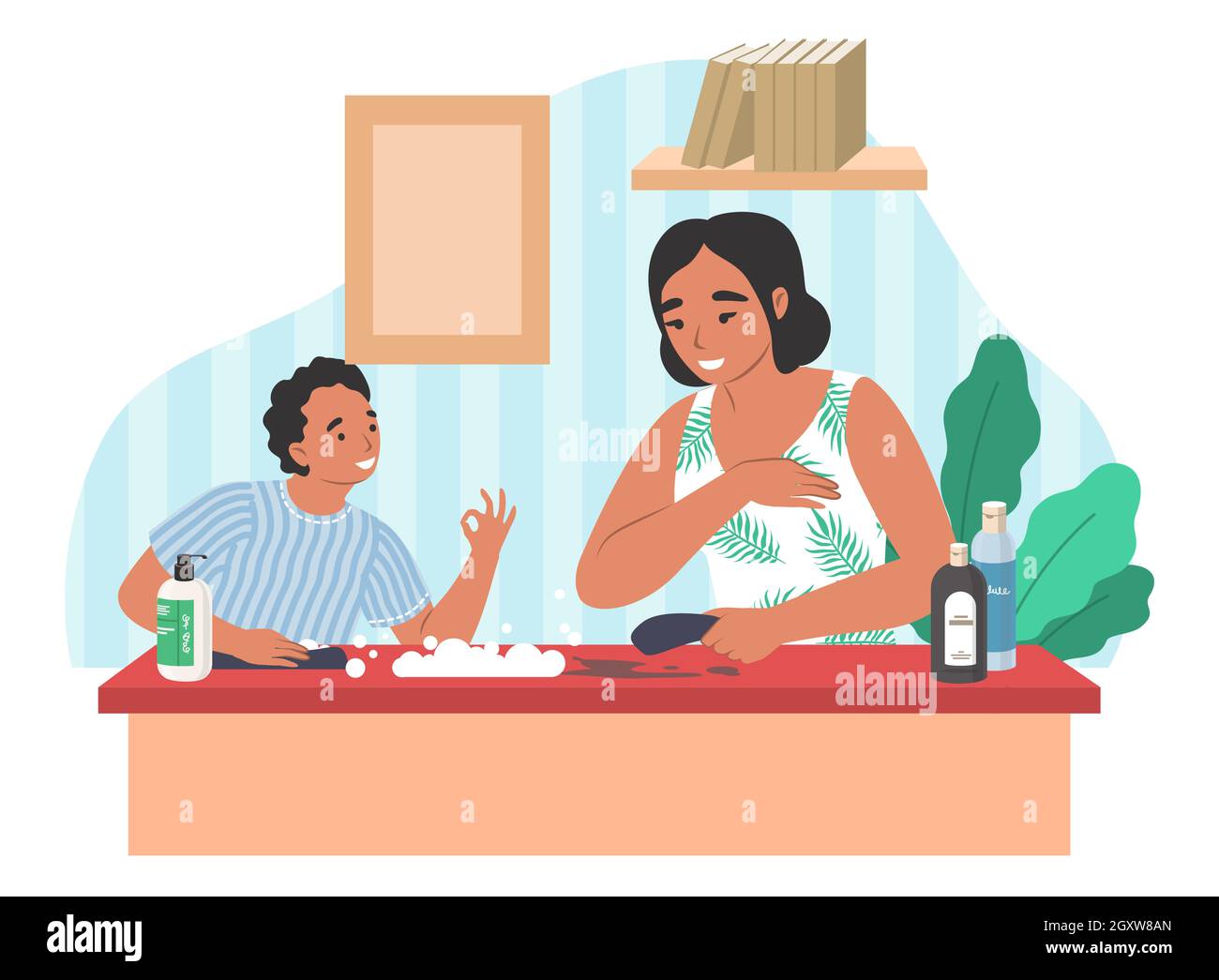 Happy Mother Cleaning House Together With Son Flat Vector Illustration