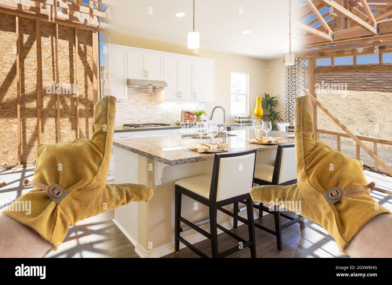 Male Contractor Hands Framing Completed Section of Kitchen Being Built ...