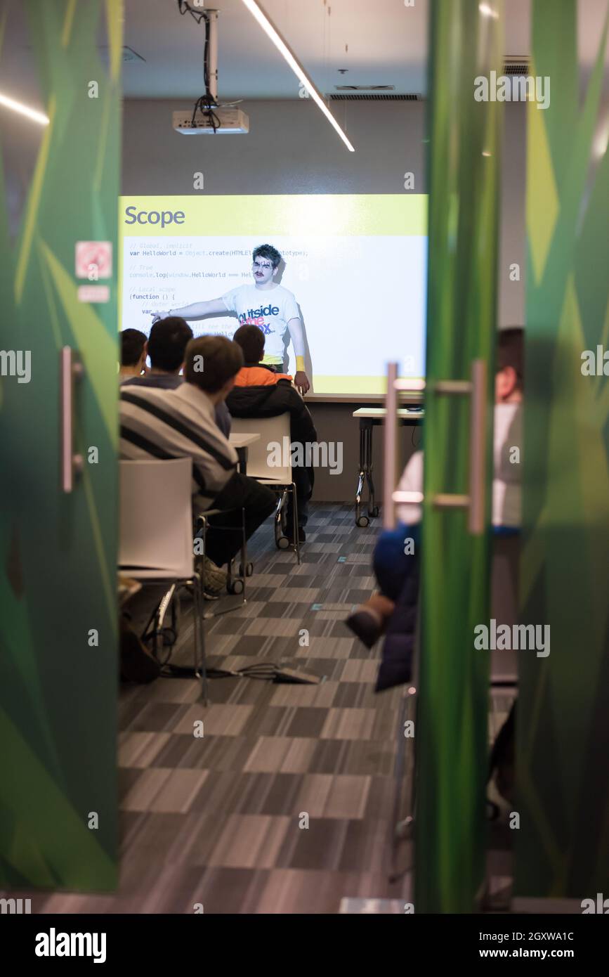 young computer technology students on code programming class have ...