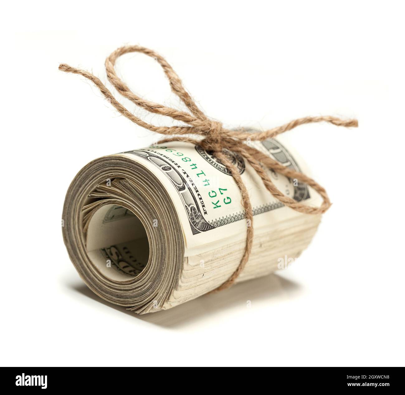 Roll of One Hundred Dollar Bills Tied in Burlap String on White Stock ...