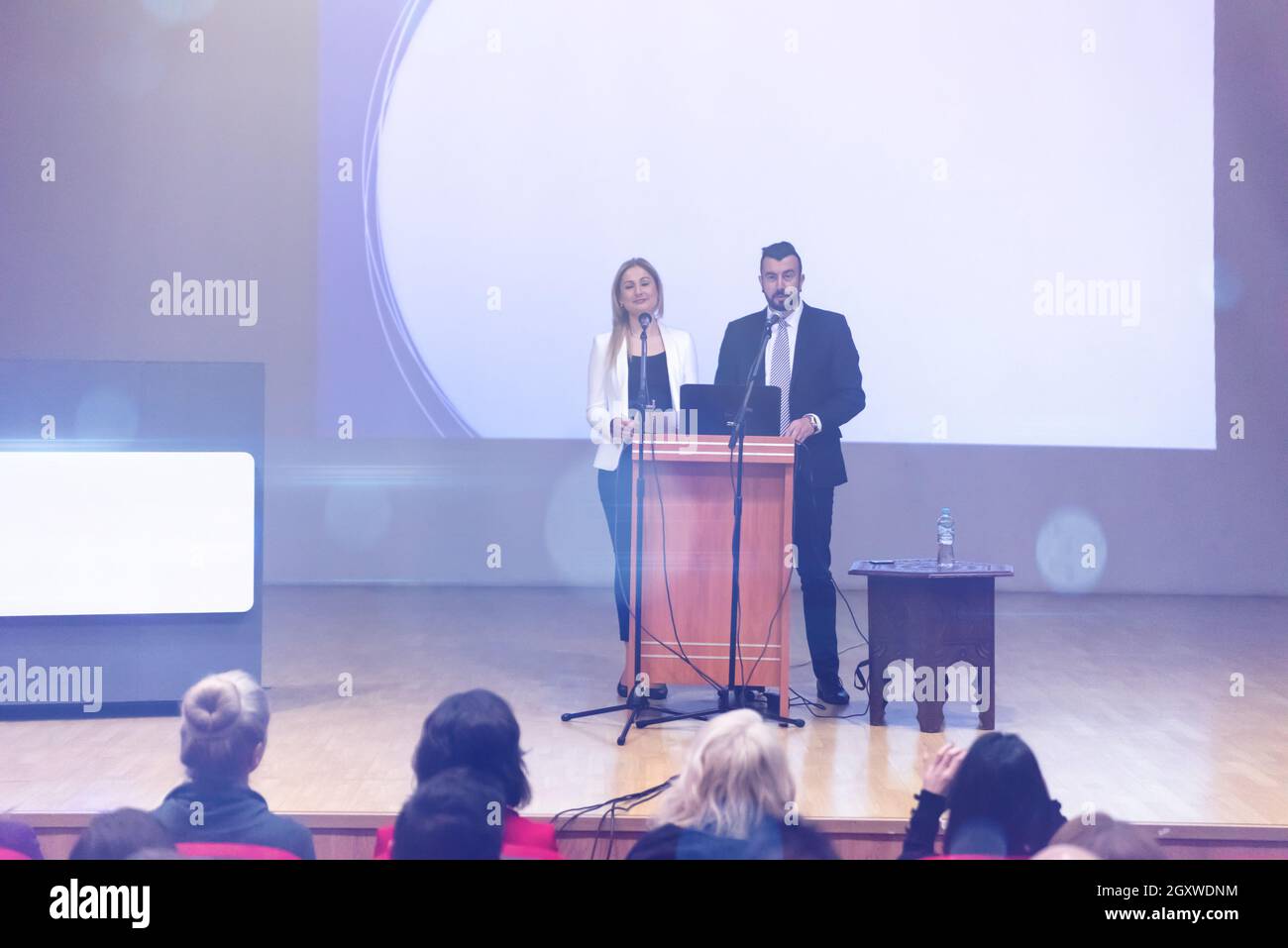 two young businesspeople giving a presentation to a group of colleagues ...