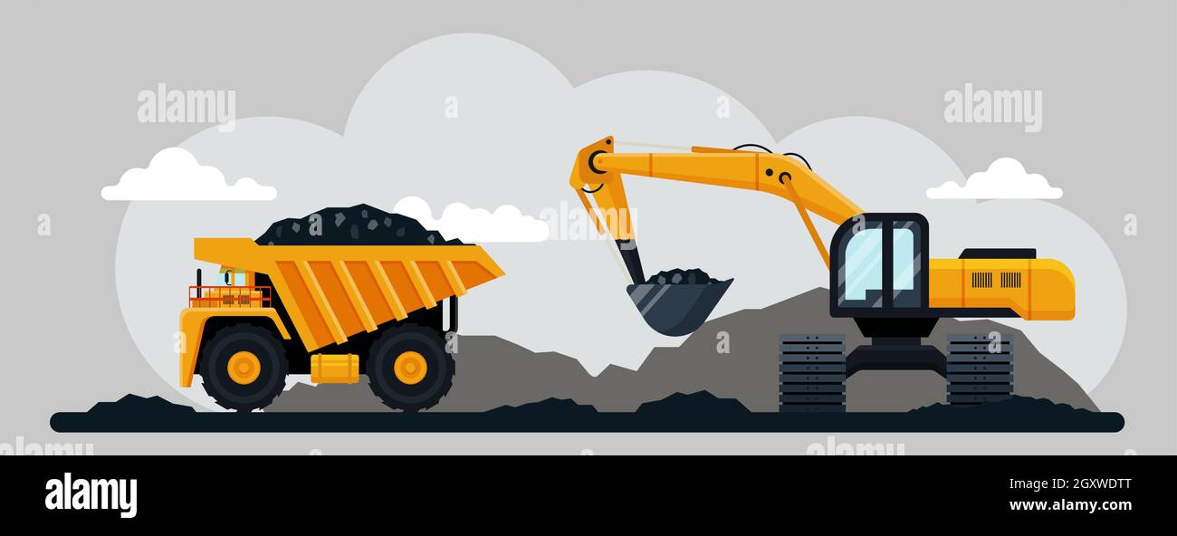 Excavator and dump truck working at coal mine, flat vector illustration ...