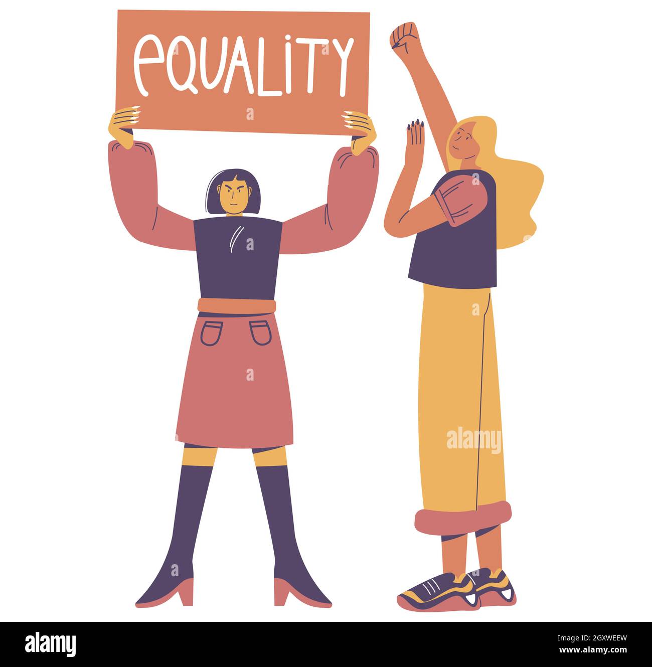 Two girls feminists with Equality placard, raised fist. Women Equality ...