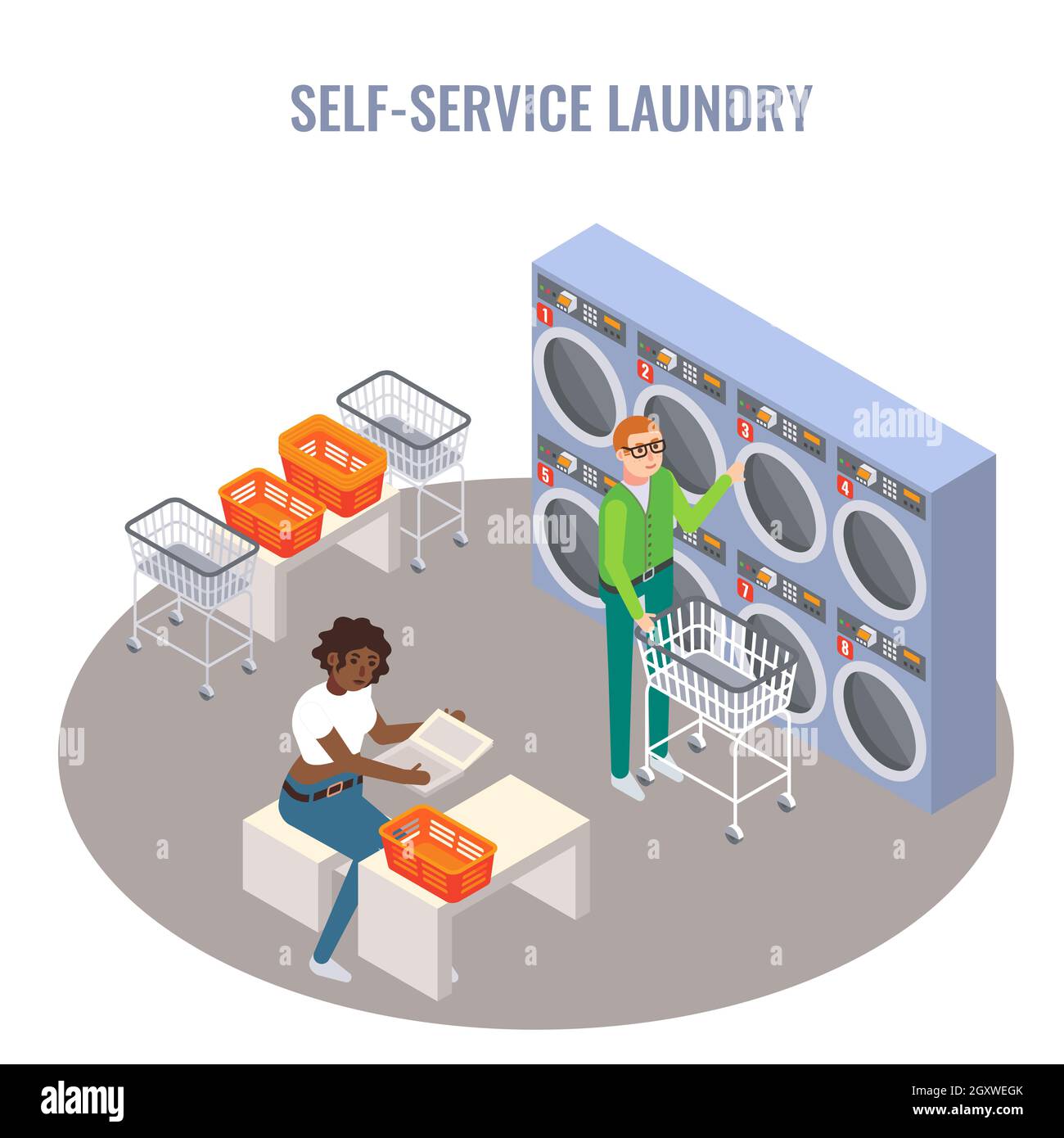 People using laundromat for washing and drying their clothes, flat ...