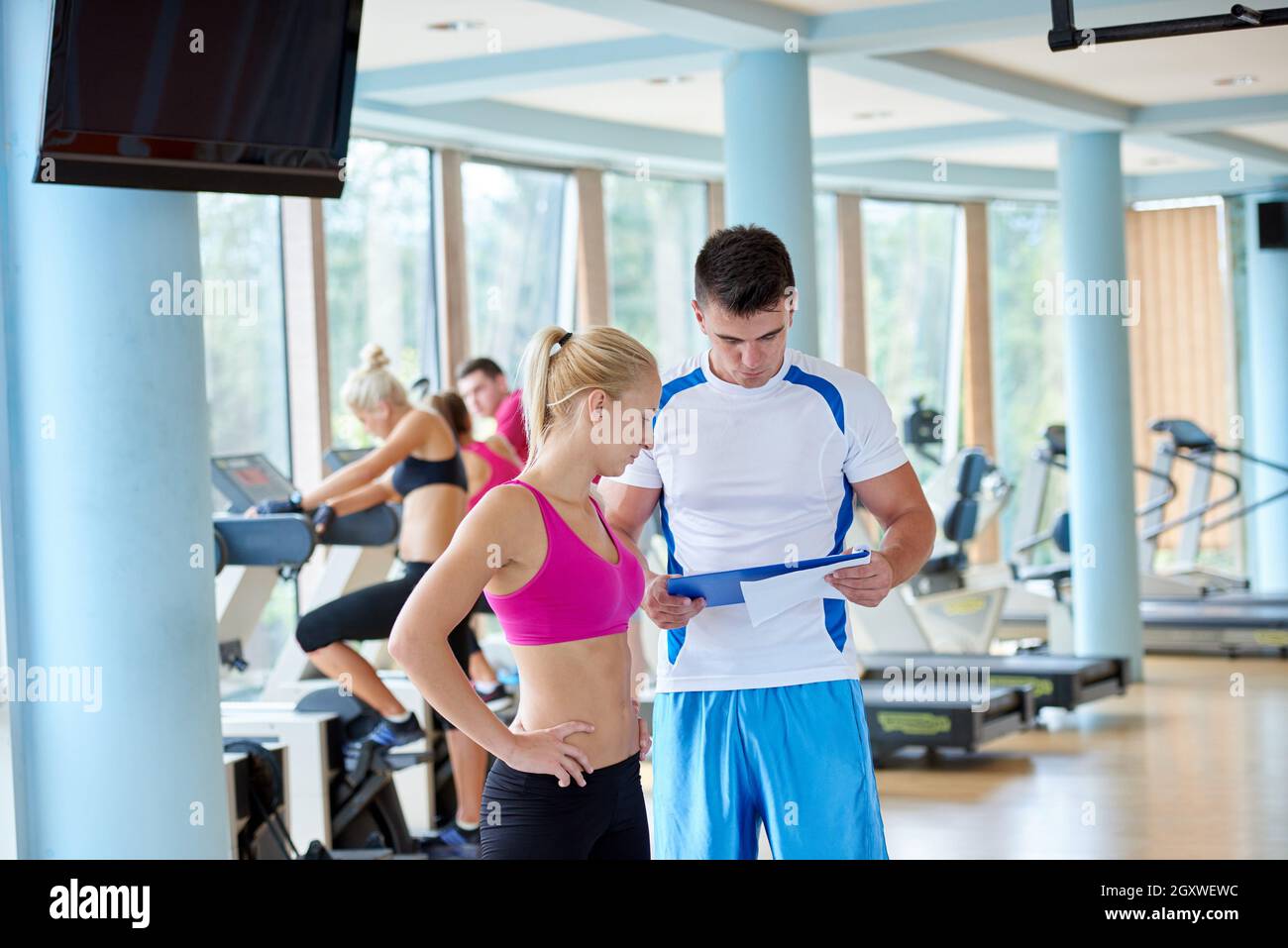 group portrait of healthy and fit young people in fitness gym Stock ...