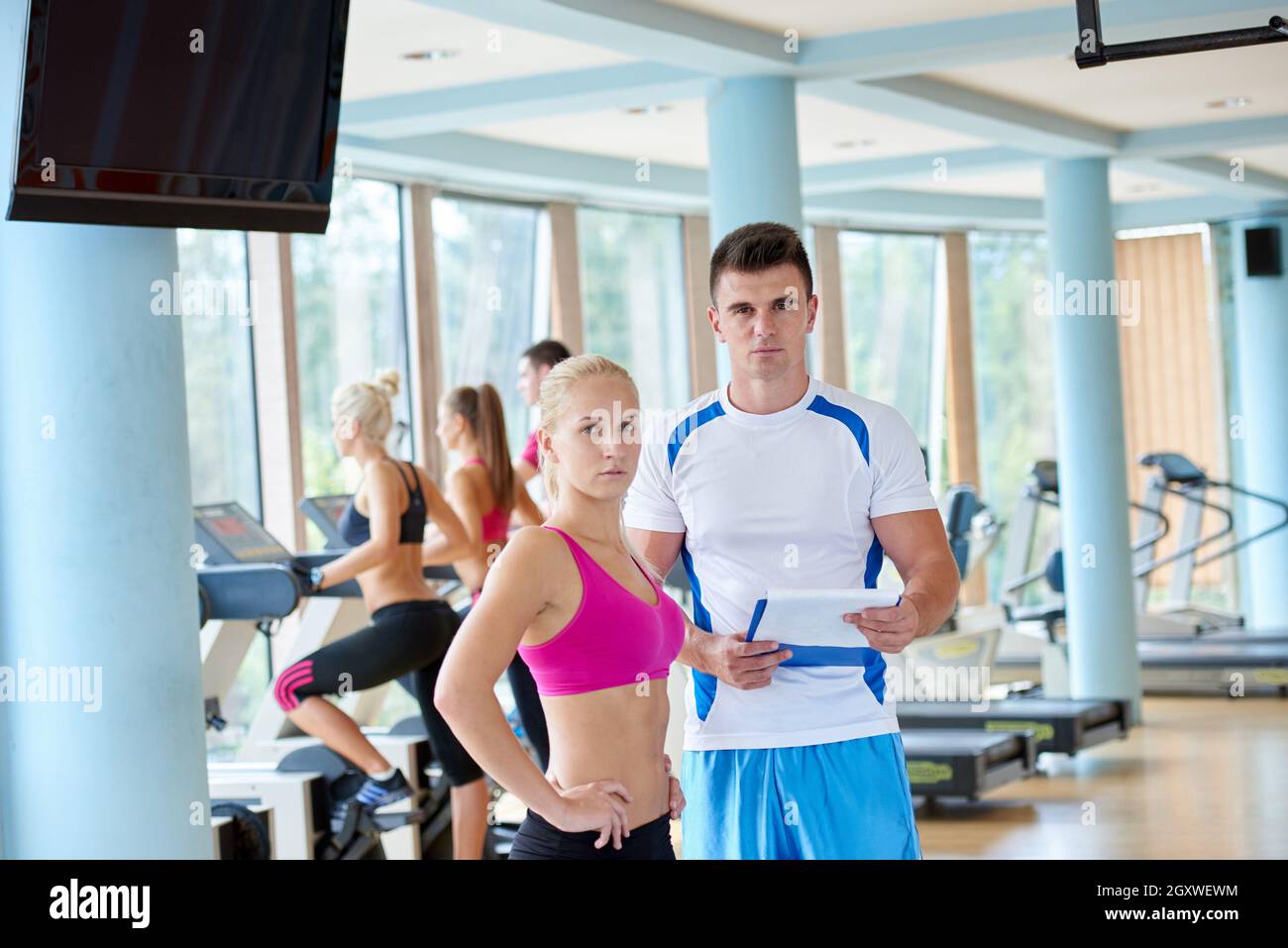 group portrait of healthy and fit young people in fitness gym Stock ...