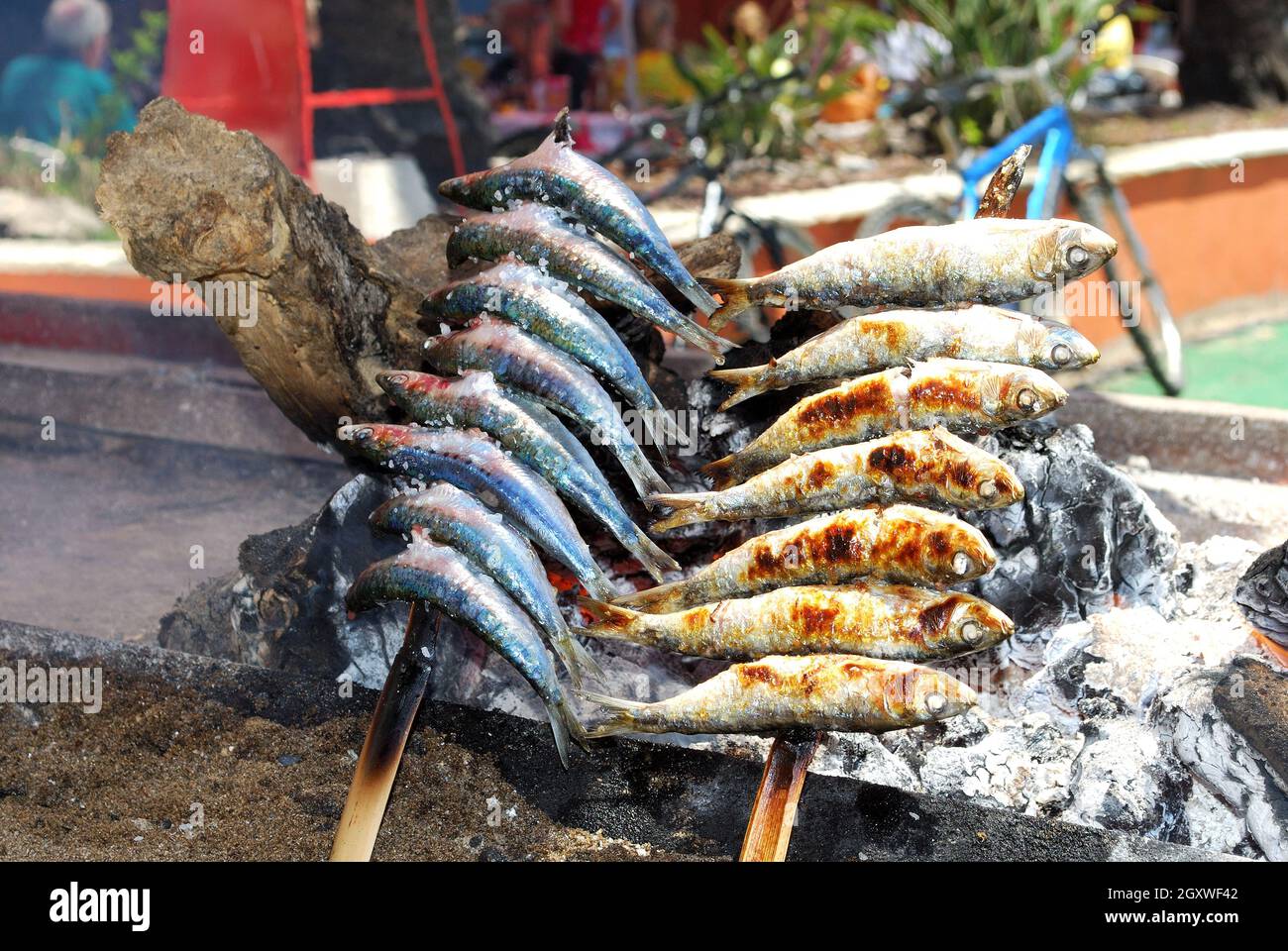 Sardines cooking on a barbecue boat on Daitona beach, Marbella, Malaga ...