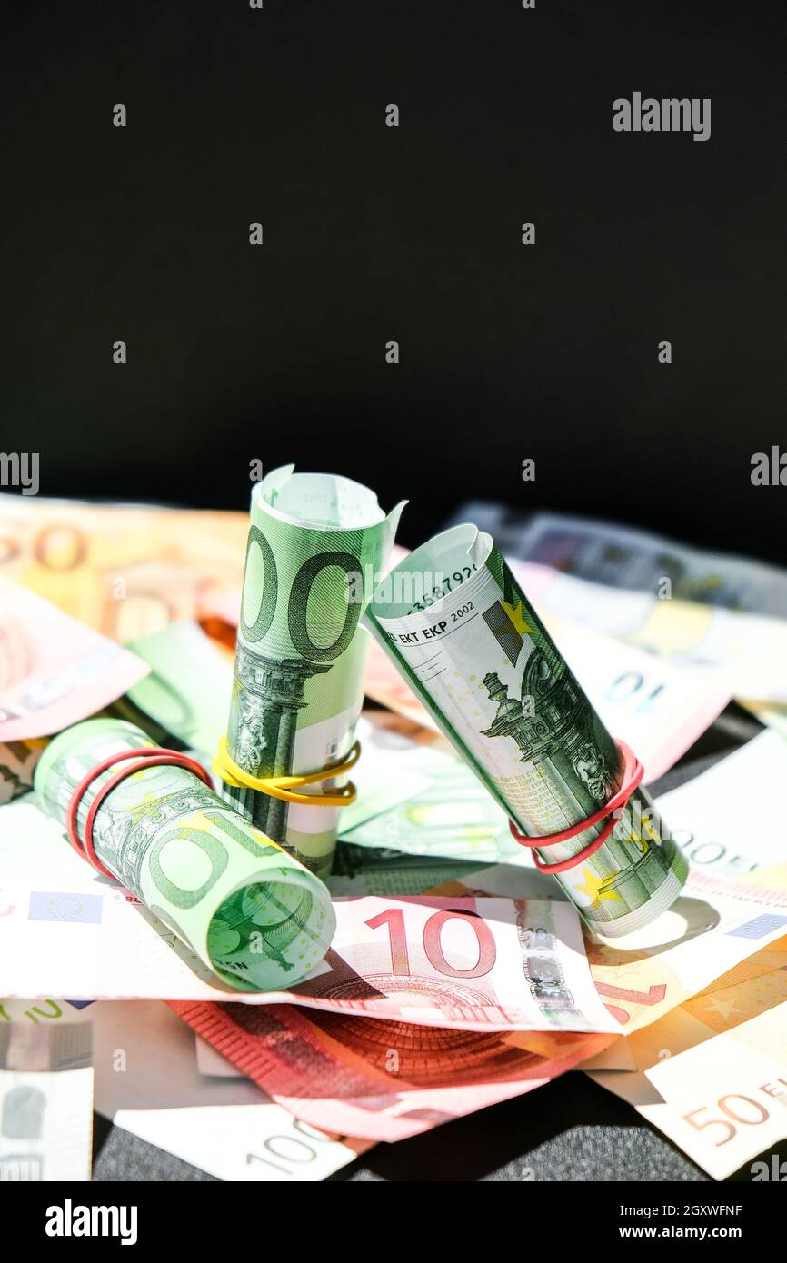 Close up of Euro money roll. Euro banknote set cash money - EU currency ...