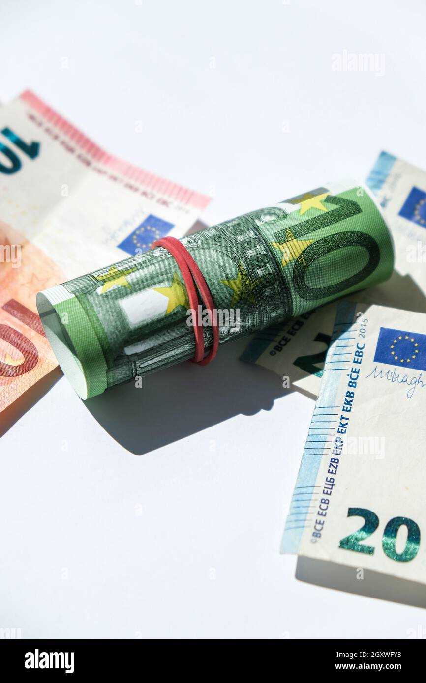Close up of Euro money roll. Euro banknote set cash money - EU currency ...