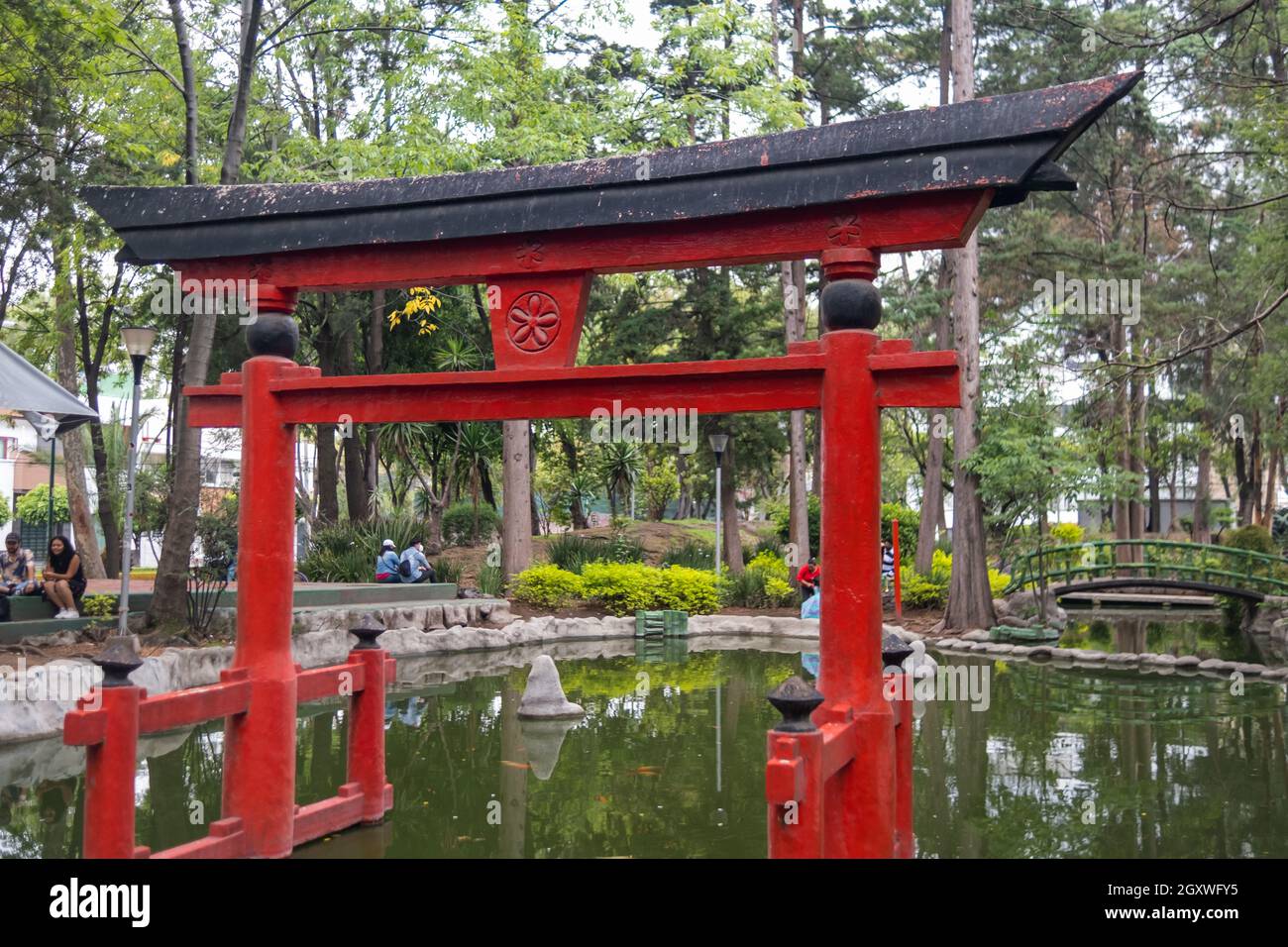 Traditional Japanese gate and pond in Masayoshi Ohira Park Stock Photo ...