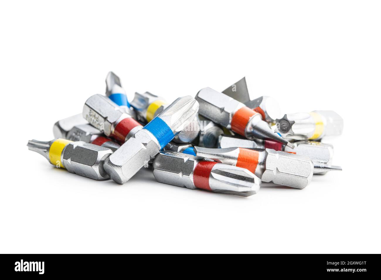 Set of screwdriver bits. Various types of screwdriver heads isolated on ...