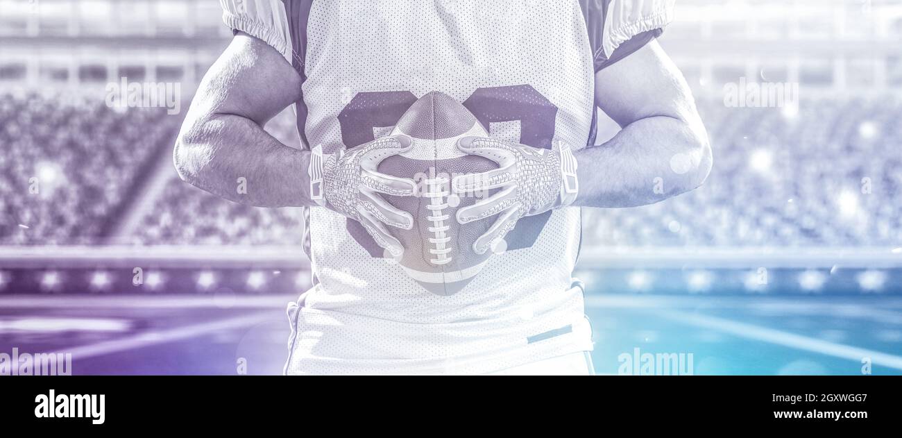 Closeup Portrait of a strong muscular American Football Player on big ...