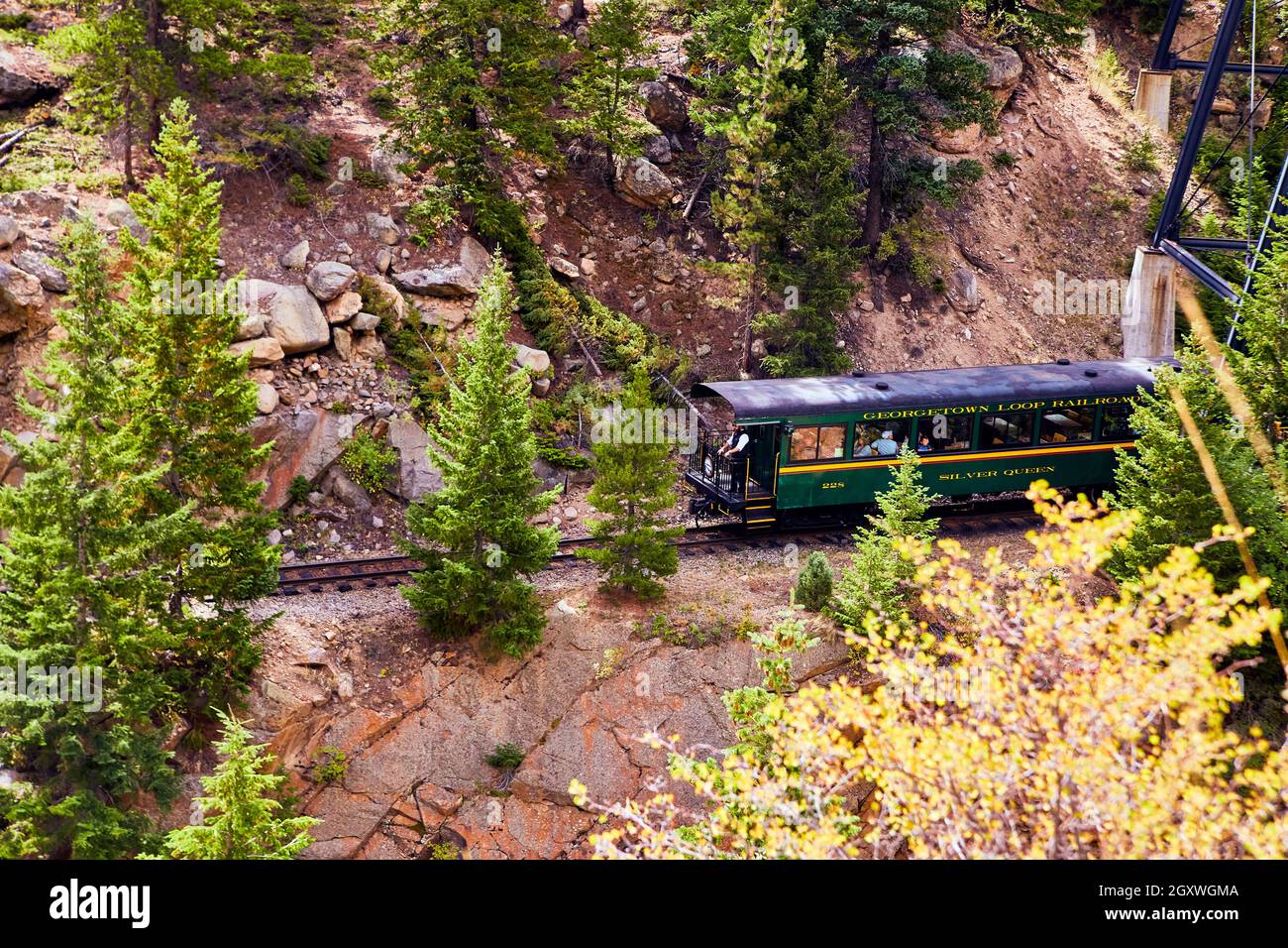 Train through slope of mountains with pine trees Stock Photo - Alamy