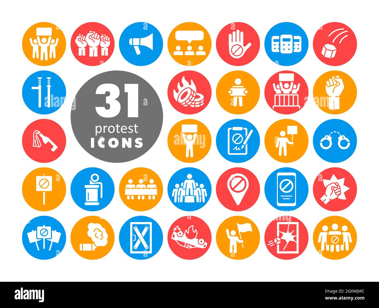 Protest, demonstration, strike, revolution set vector white glyph icons ...