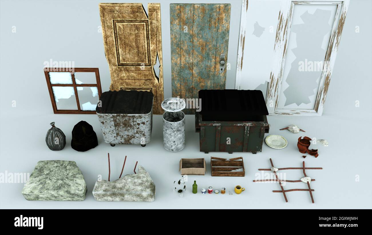 Retro 3d render rusty boxes with halfrotten containers and vintage old ...