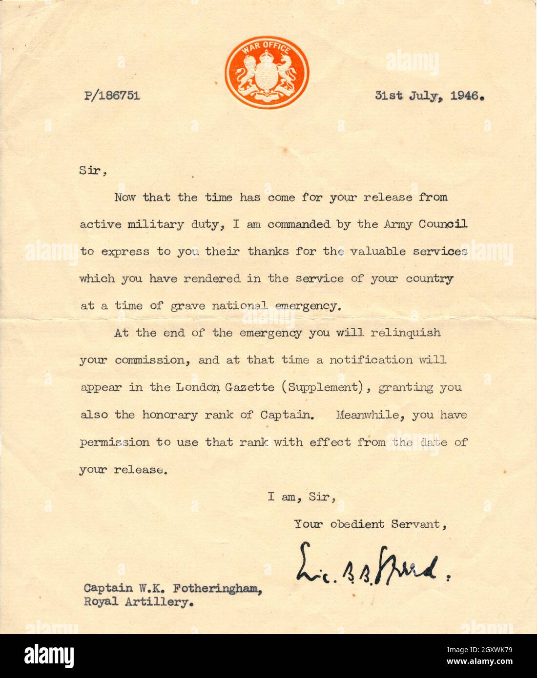 A demob letter to a Royal Artillery officer from the War Office, 1946 ...