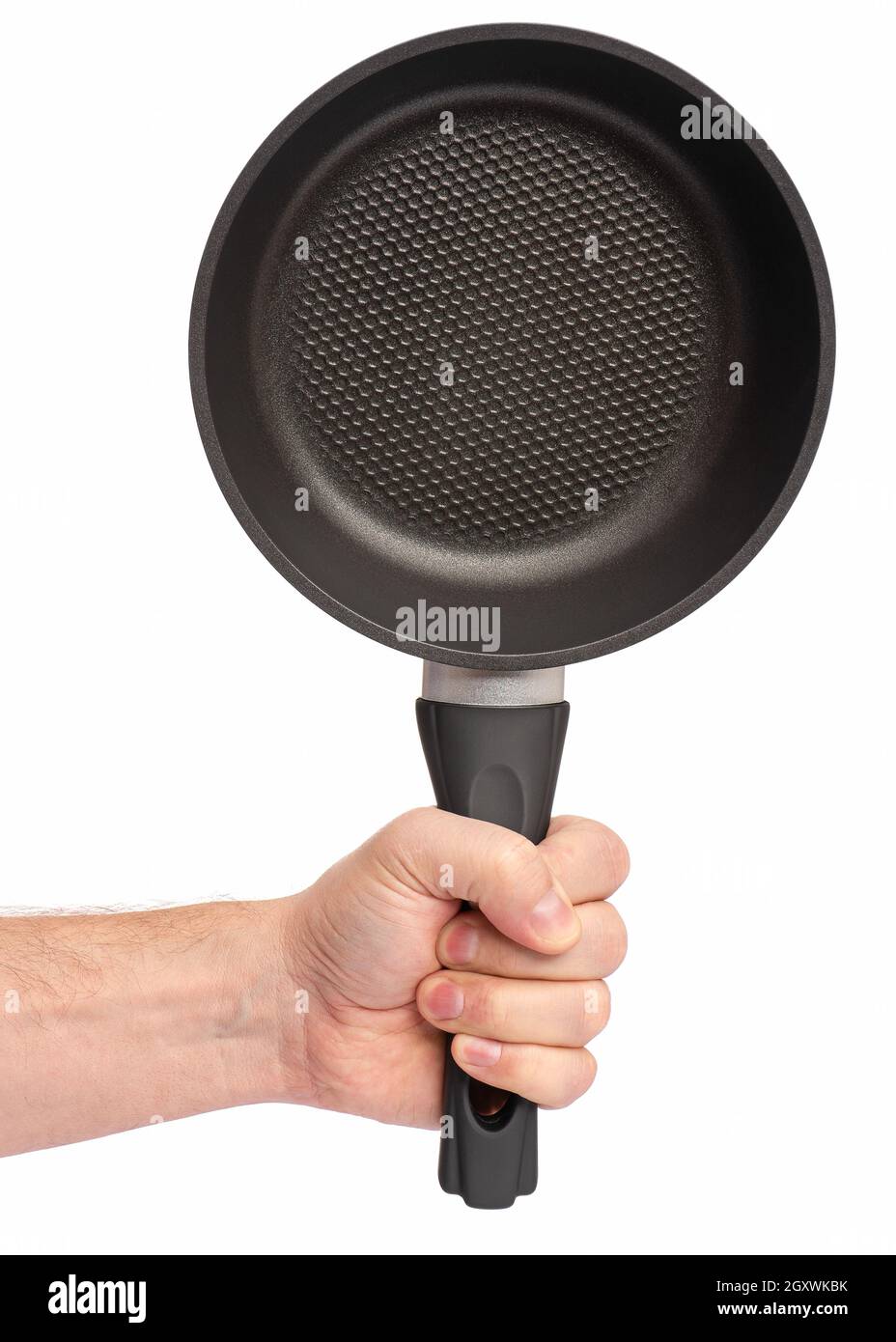 Male hand holding simple new empty Non-stick Frying Pan with black ...