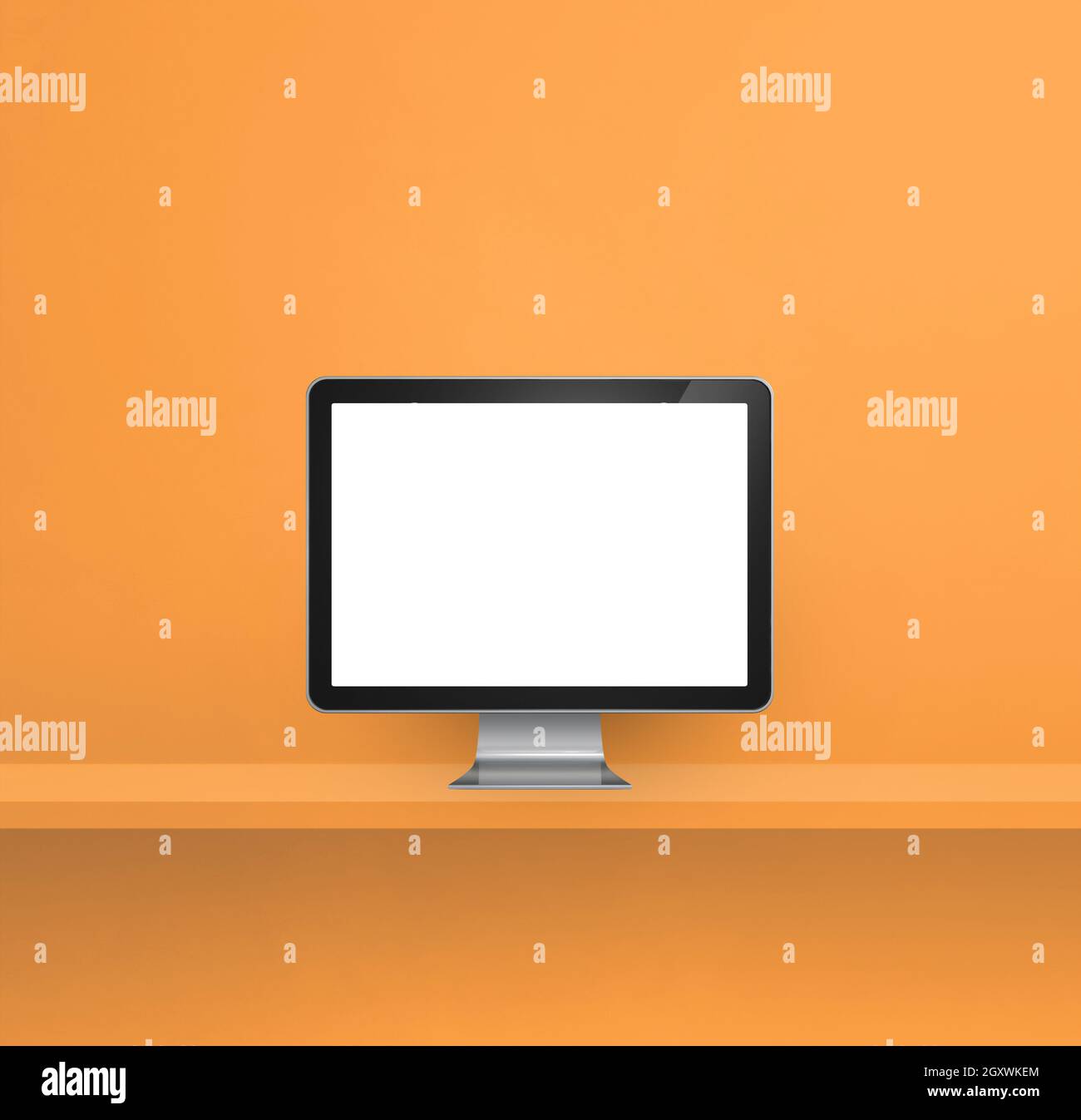 Computer pc - orange wall shelf background. 3D Illustration Stock Photo ...