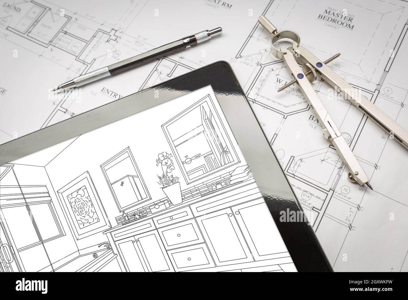 Computer Tablet with Master Bathroom Design Over House Plans, Pencil ...