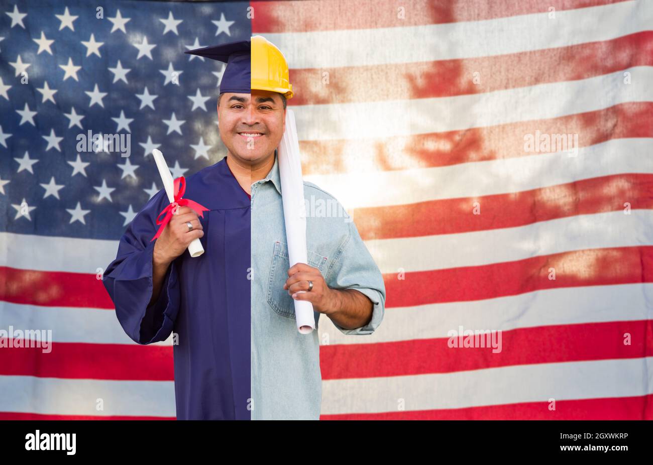 Split Screen Male Hispanic Graduate In Cap and Gown to Engineer in Hard ...