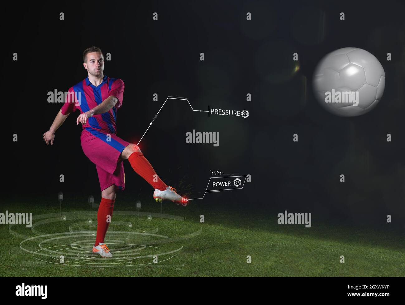 soccer player doing kick with ball on football stadium field Stock ...