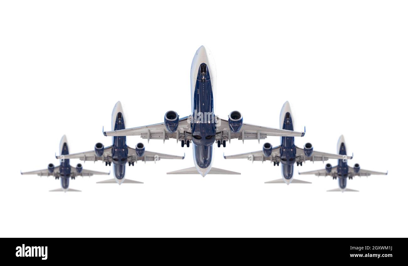 Five Passenger Airplanes In Formation Isolated on a White Background ...