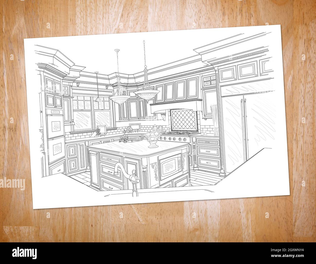 Custom Kitchen Drawing On Paper Resting on Wood Desk Top Stock Photo ...