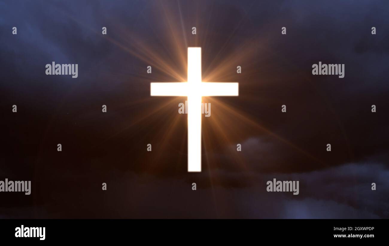 lighting holy cross symbol on cloudy sky background - cgi abstract 3D ...