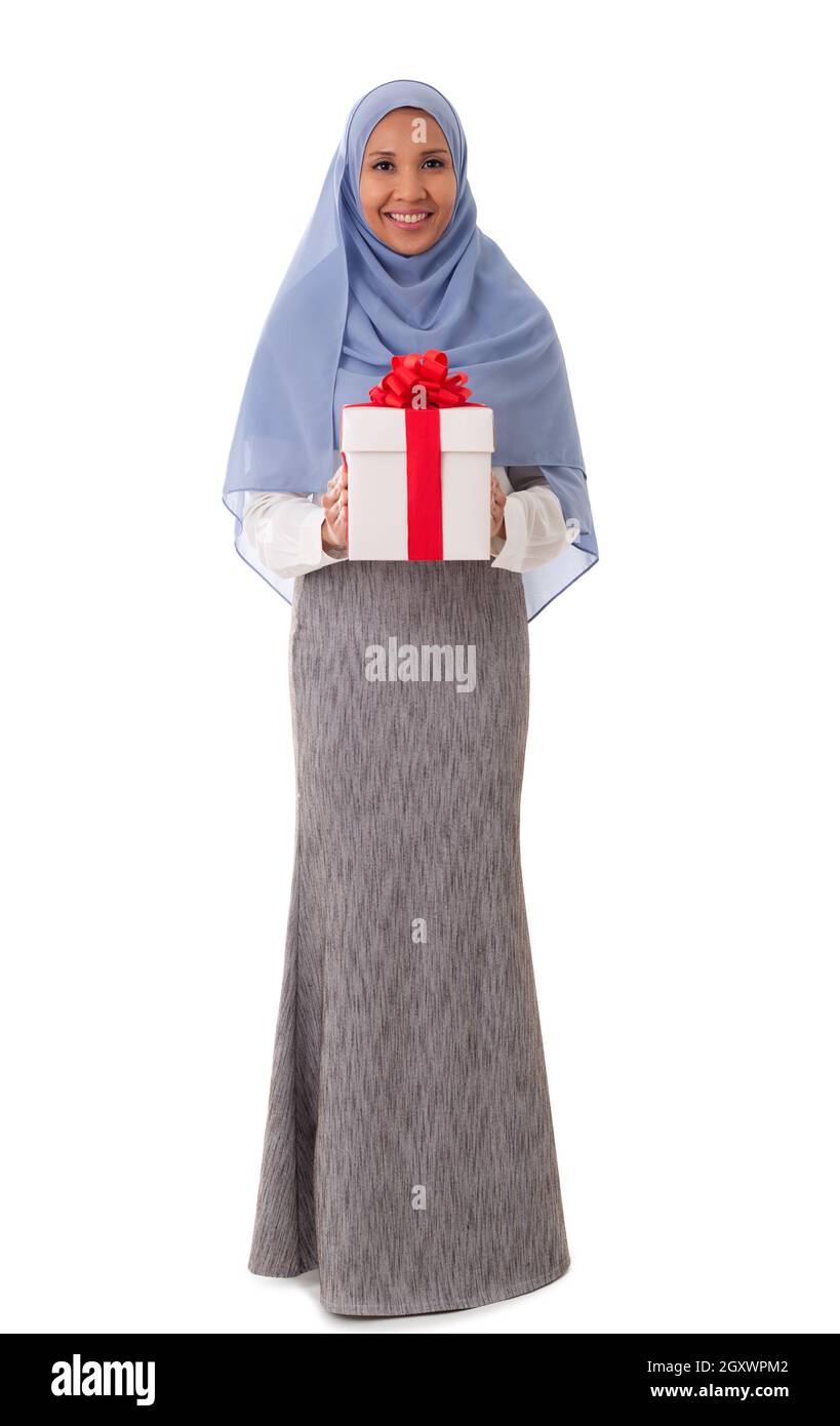 Full lenght portrait of happy young asian muslim woman in blue hijab ...