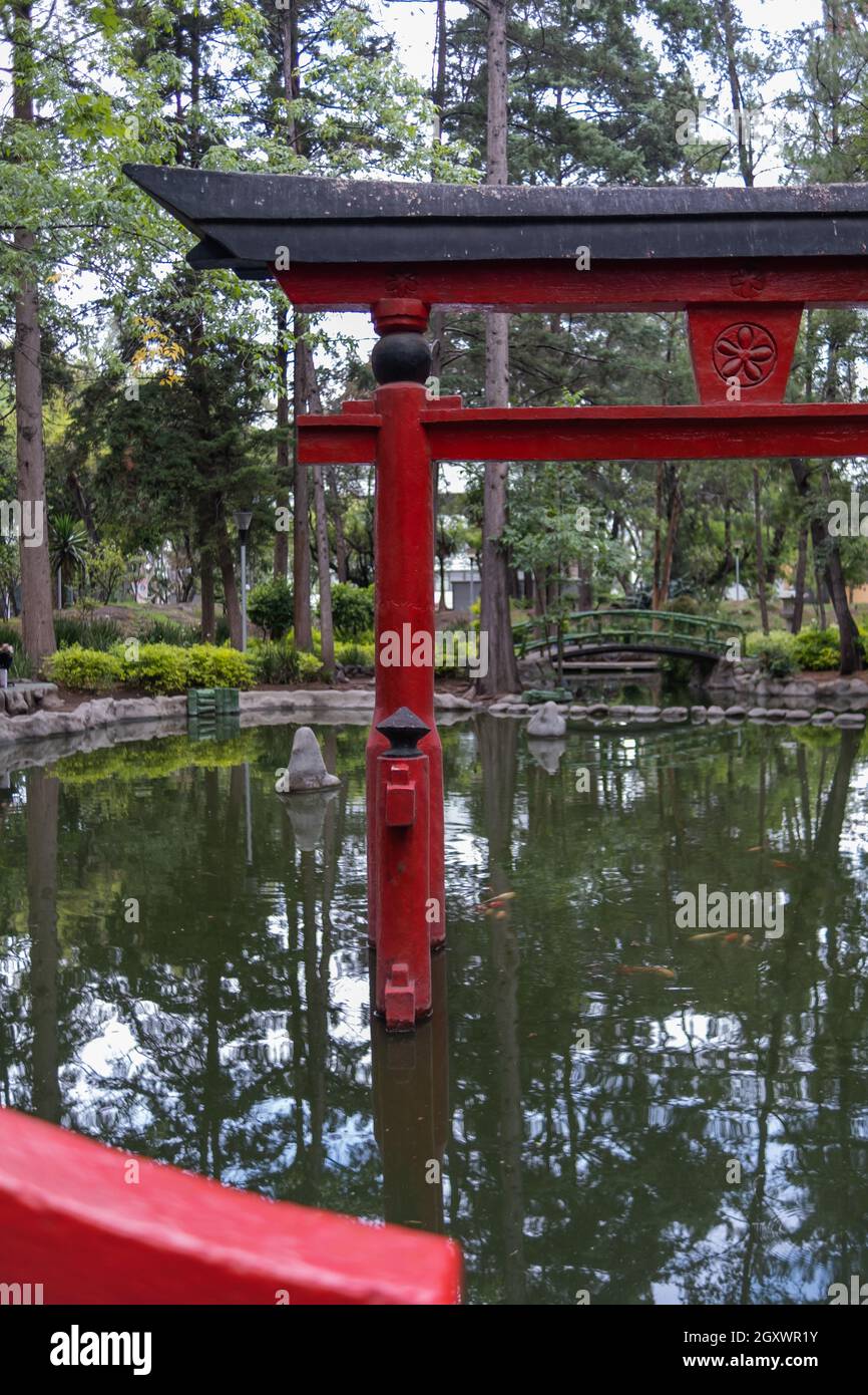Traditional Japanese gate and pond in Masayoshi Ohira Park Stock Photo ...