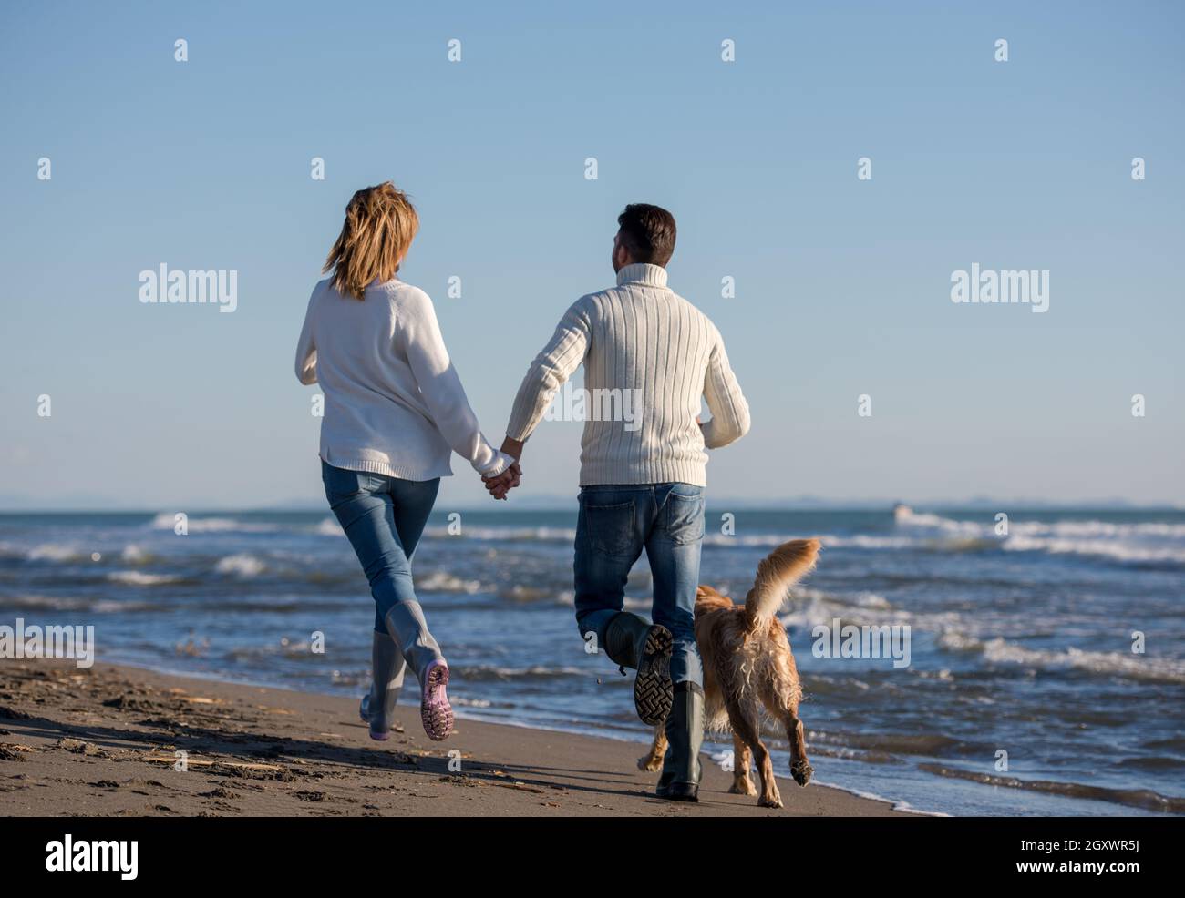 Couple Running On The Beach Holding Their Hands with dog On autmun day ...
