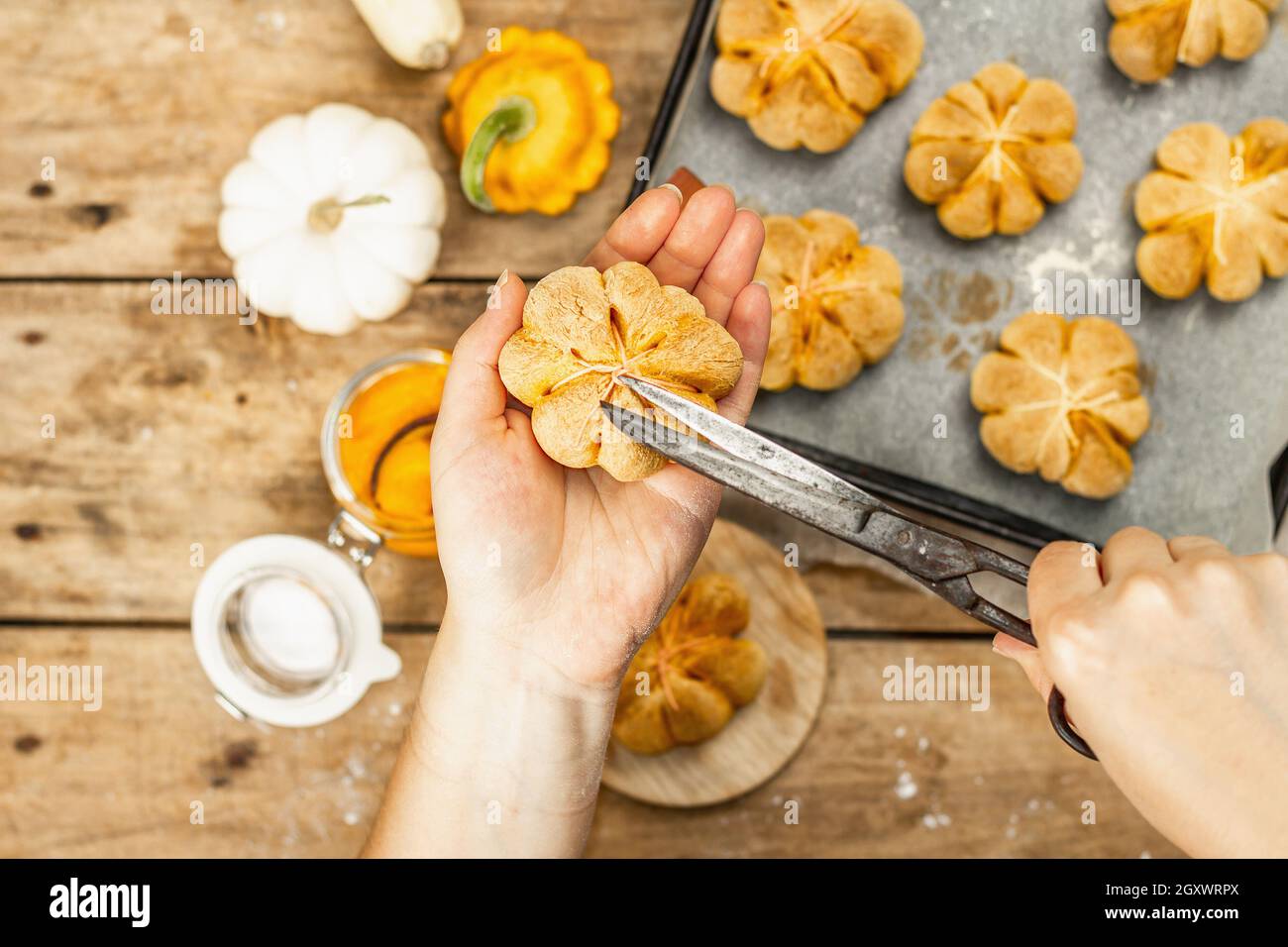 Pumpkin buns or biscuits, traditional fall baked goods. Female hands ...
