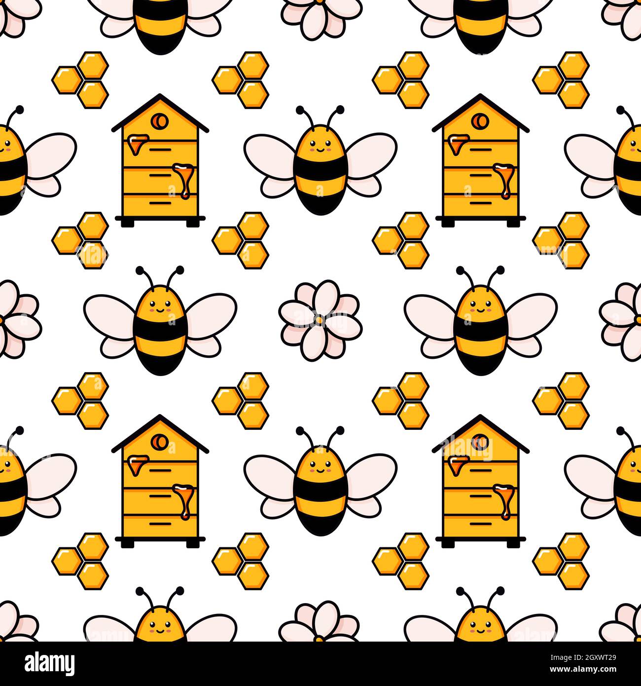 Cute honey bee seamless pattern. Vector doodle cartoon beehive, flowers ...