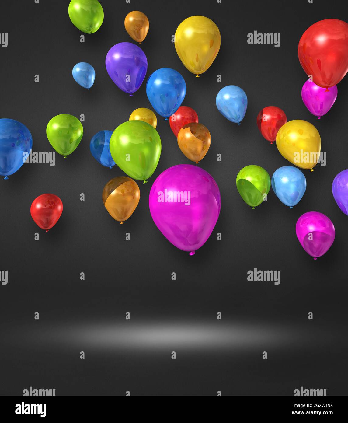 Colorful balloons group on a black wall background. 3D illustration ...