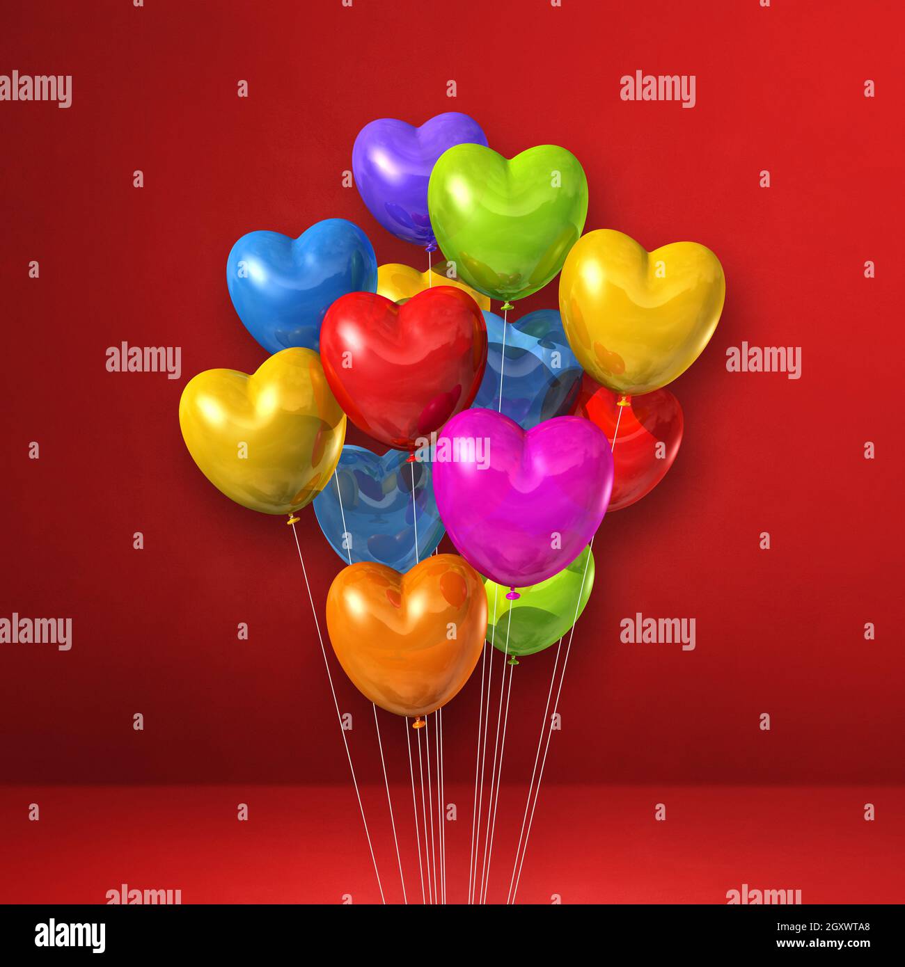 Colorful heart shape balloons bunch on a red wall background. 3D ...