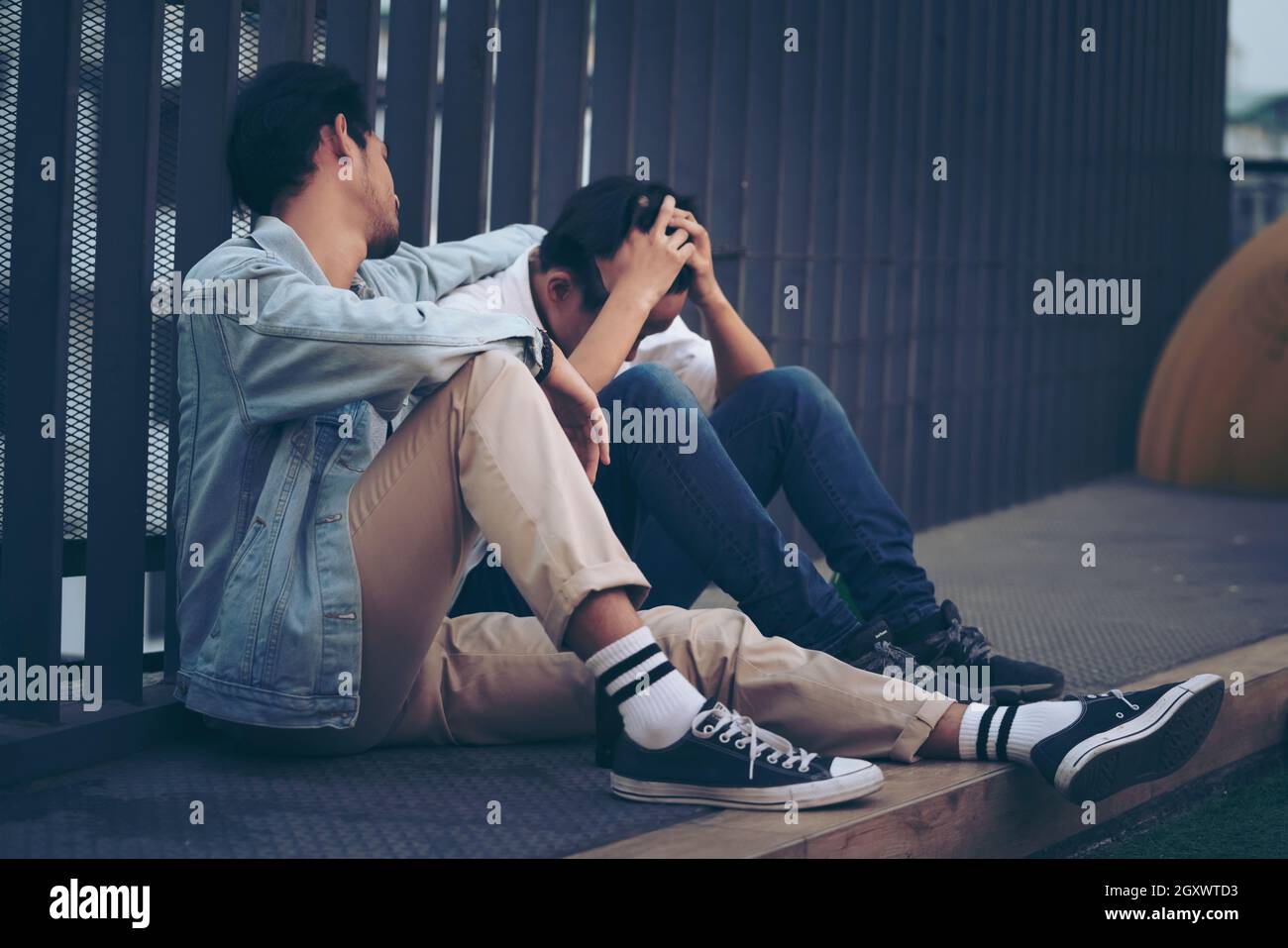 Sad Depressed Two Insomnia Men Sitting On The Street Sidewalk After