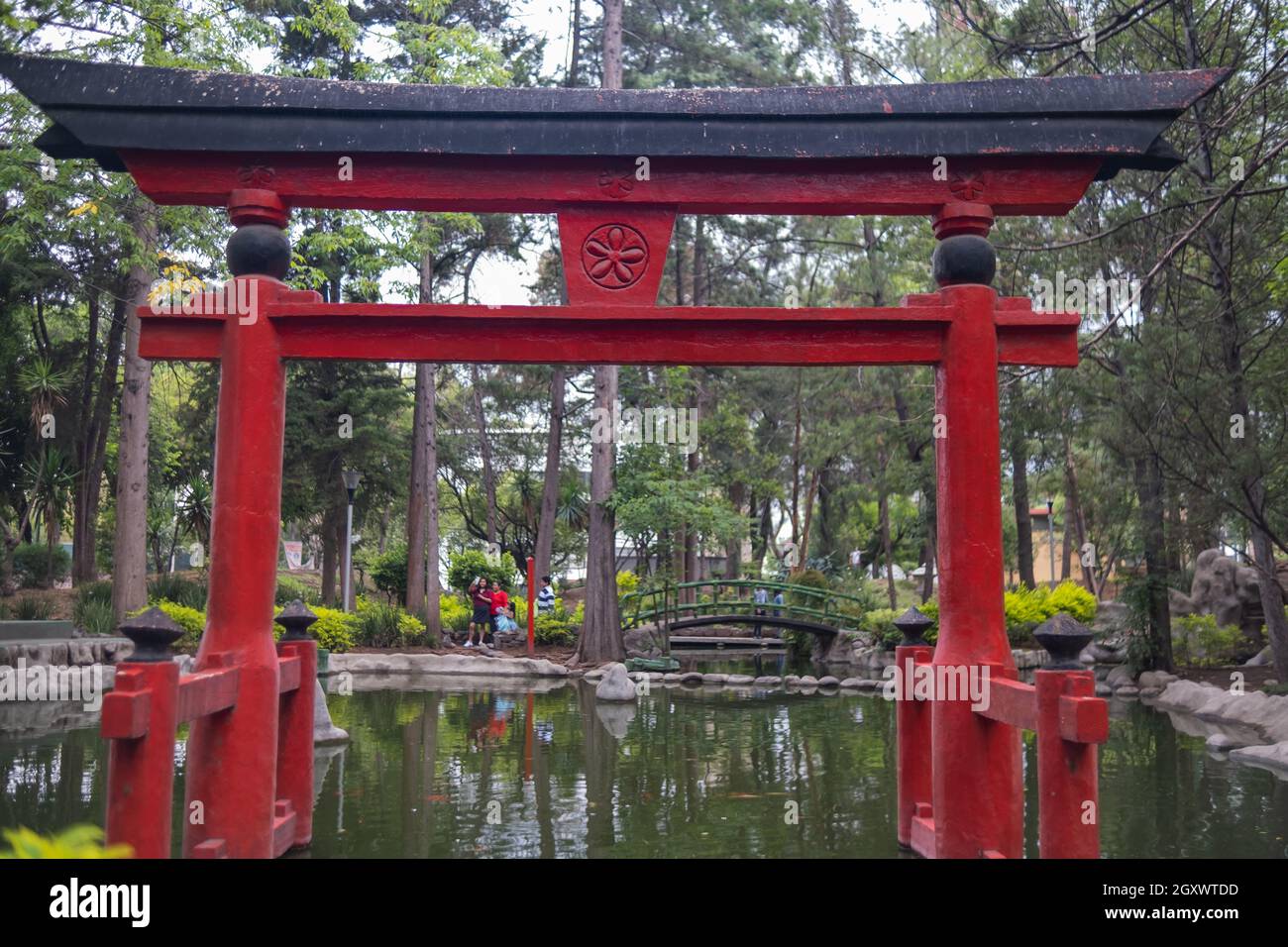Traditional Japanese gate and pond in Masayoshi Ohira Park Stock Photo ...