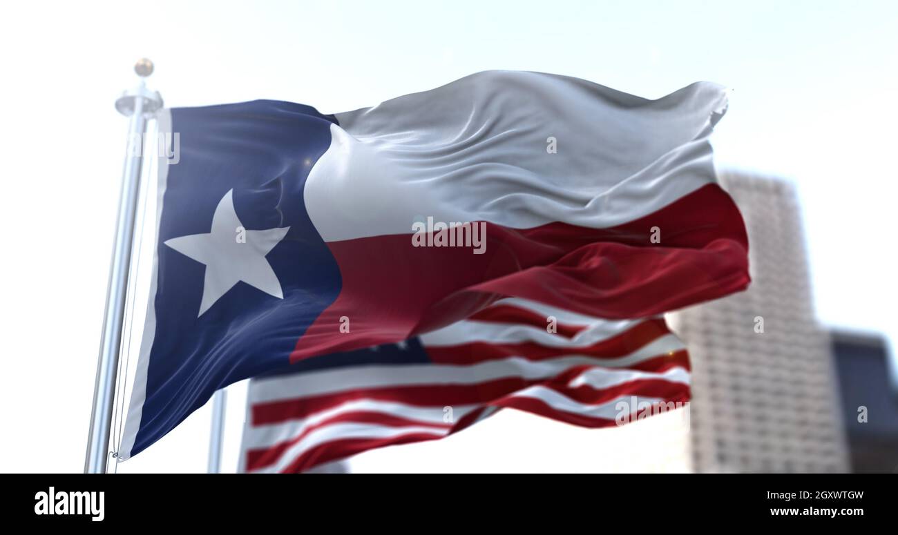 The Texas state flag flapping in the wind with the American national ...