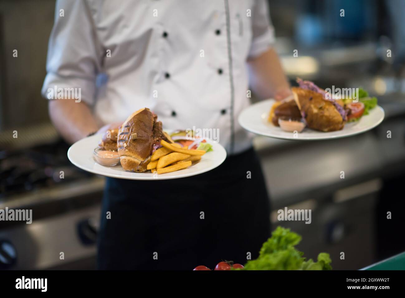 young Chef presenting dishes of tasty meals in commercial kitchen Stock ...
