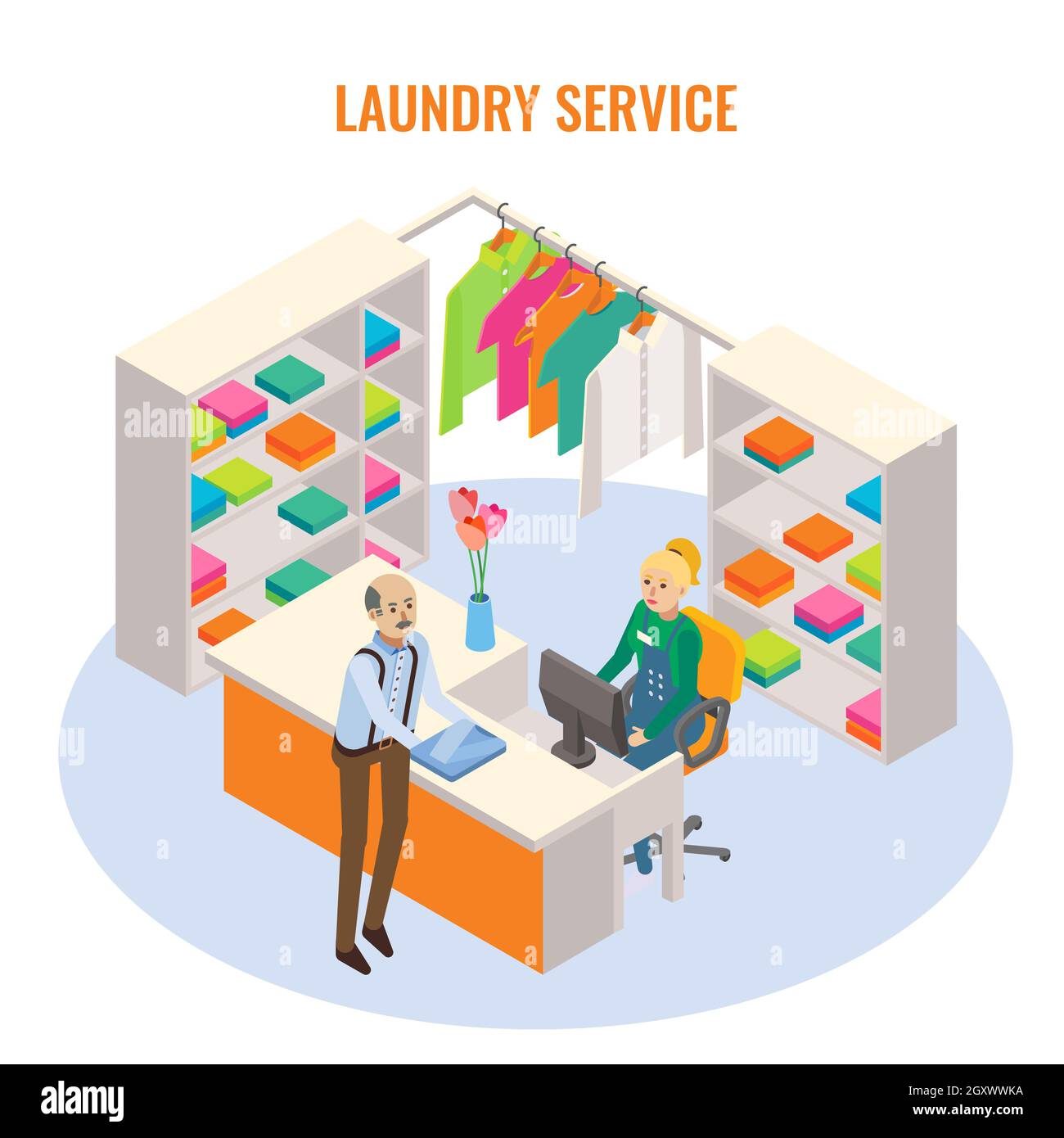 Laundry reception interior with receptionist and customer characters ...