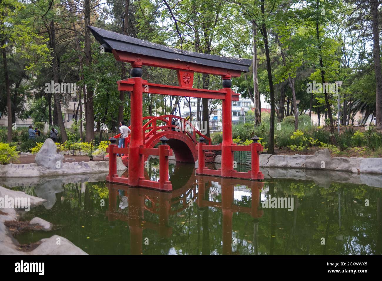 Traditional Japanese gate and pond in Masayoshi Ohira Park Stock Photo ...