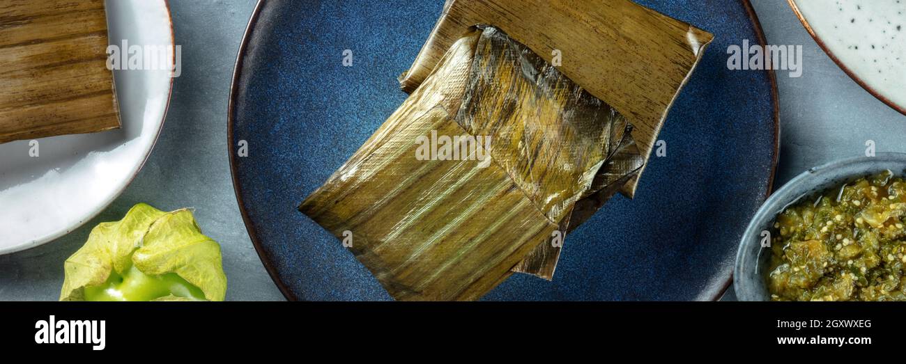 Tamales overhead flat lay panorama. Traditional dish of Mexican cuisine ...