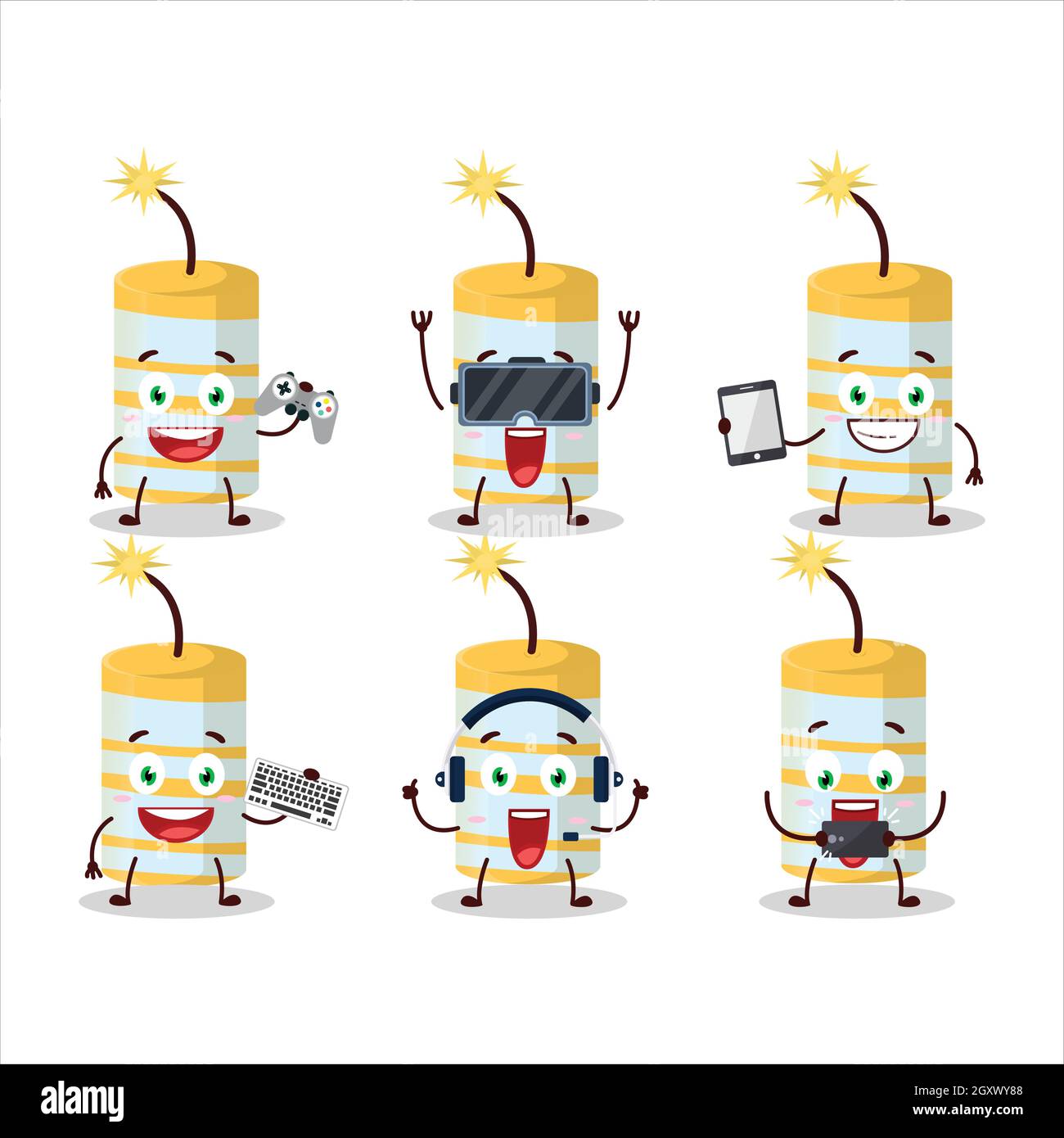 Yellow firecracker cartoon character are playing games with various ...