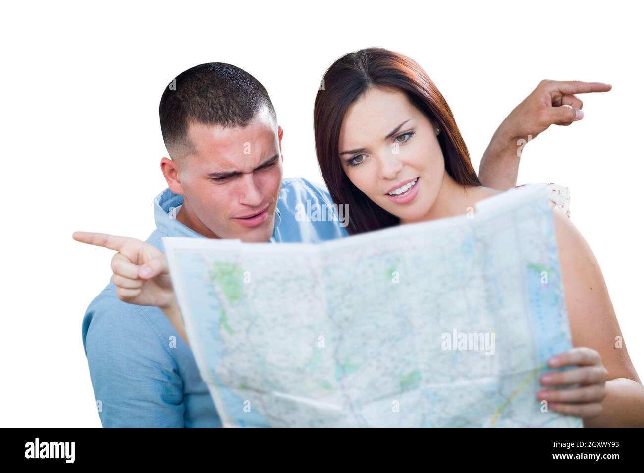 Young Lost and Confused Military Couple Looking at Map Isolated on ...